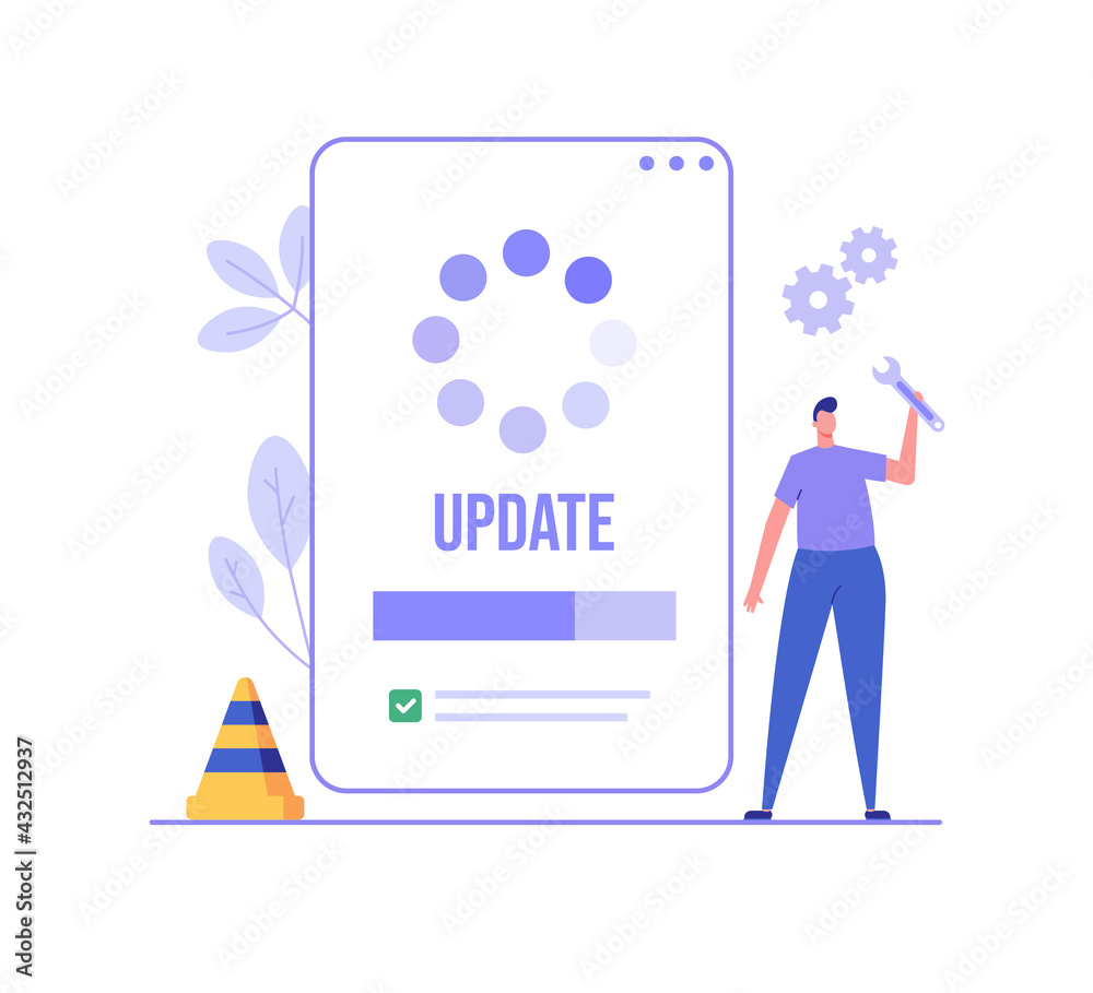 User updating operation system with progress bar. Software upgrade and installation program ...