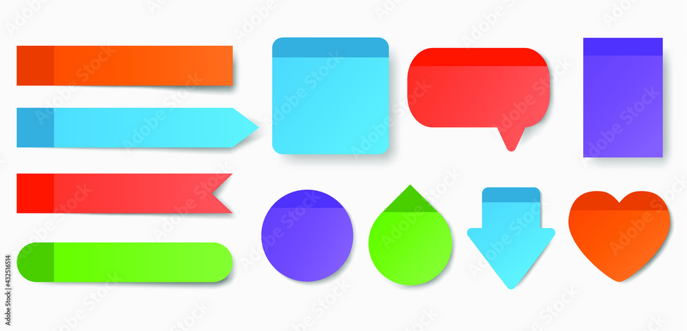 Collection of colorful sticky notes. Square, round, heart, drop, speech ...