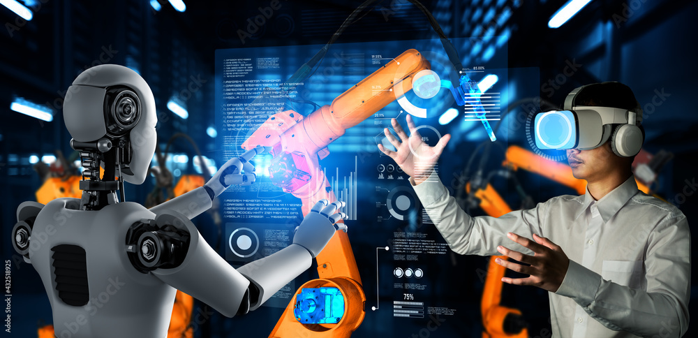 Mechanized industry robot and human worker working together in future ...