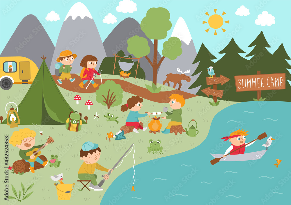 Camping background with cute children doing Summer activities. Vector ...