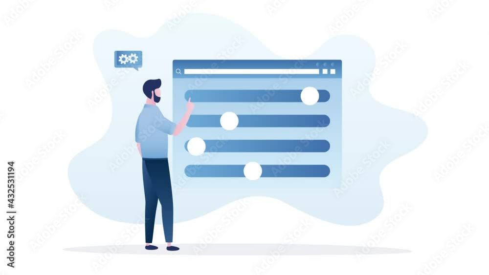Male user moves sliders of settings. 4K footage. System adjust, control ...