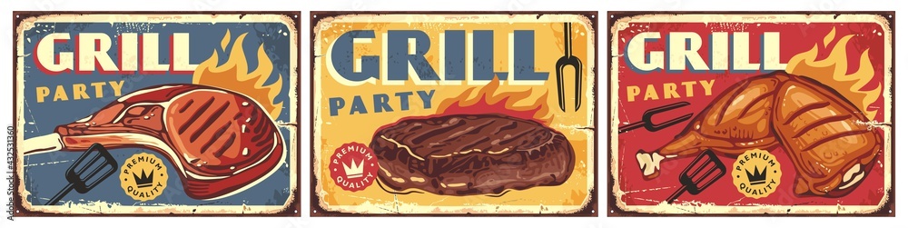Set of grill signs with delicious grilled meat. Pork loin, beef steak ...