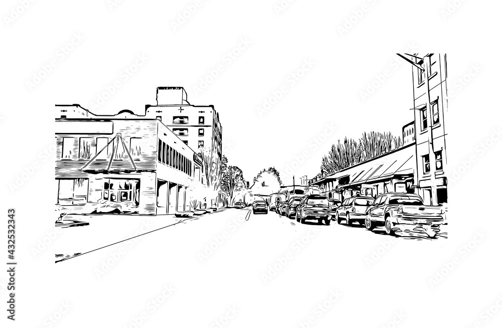 Building view with landmark of Eugene is a city in Oregon. Hand drawn ...