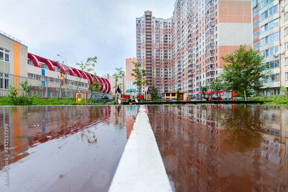Residential road and house building exterior mixed-use urban multi ...