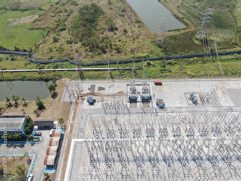 Top View High Voltage Electrical Substation by drone Stock-Foto | Adobe ...