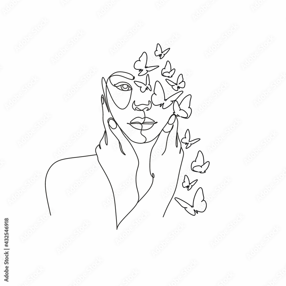 Woman face with butterfly by one line drawing. Abstract Portrait ...