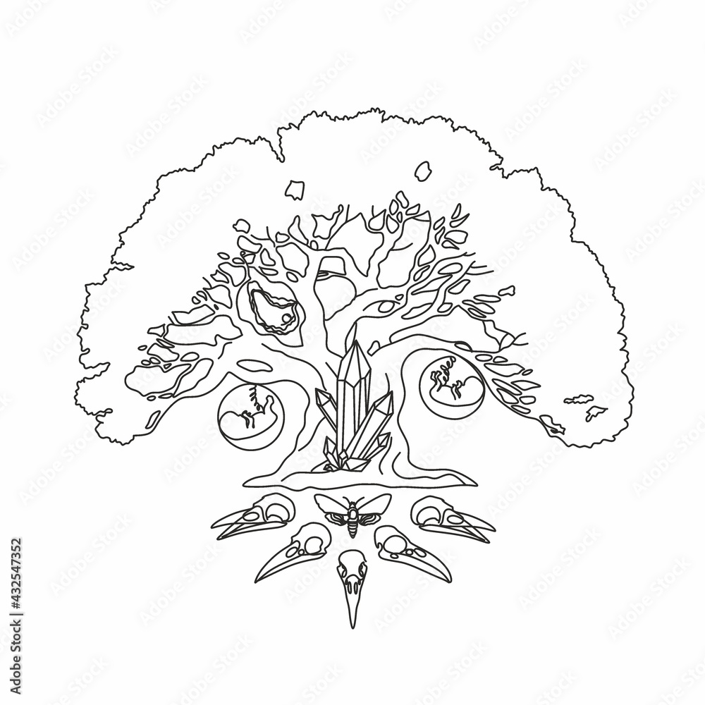Magic tree vector line drawing. Mystical witch tree with crystals, baby ...