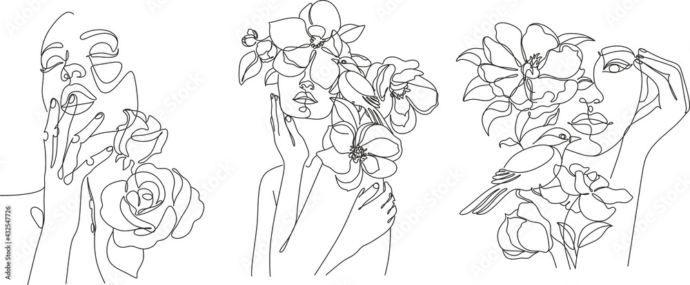 Line Art Woman With Flowers. Head Of Flowers Line drawing. Flower Woman ...