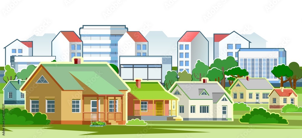 Village. A suburb with small one-story and high-rise buildings. Cozy ...
