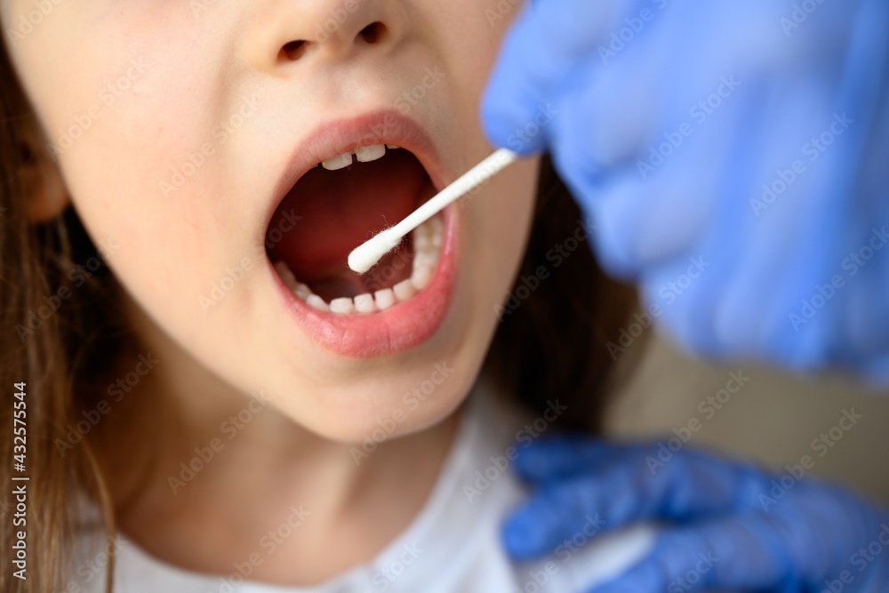 Coronavirus PCR test and child, kid opens mouth for COVID-19 ...