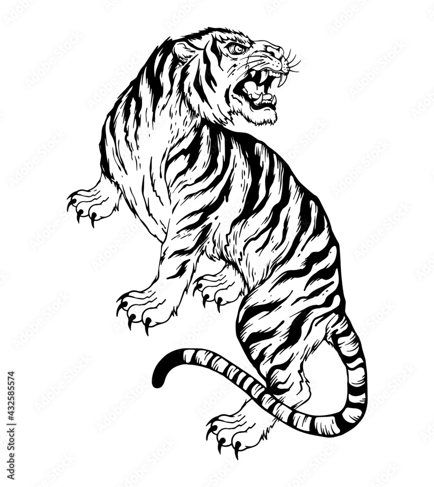 asian traditional art inspired hand drawn tiger illustration Stock ...