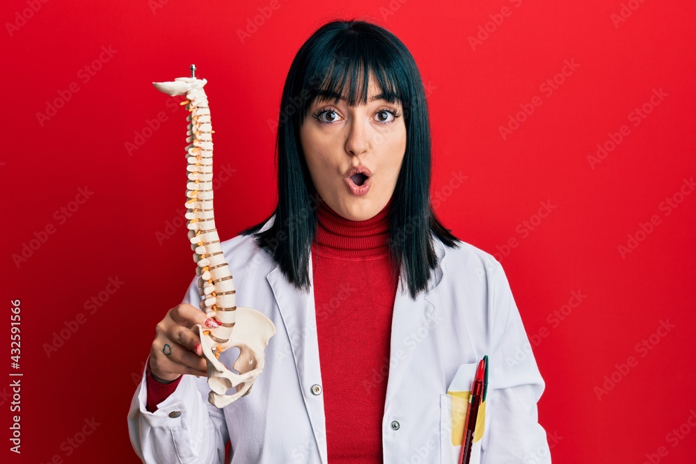 Young hispanic doctor woman holding anatomical model of spinal column ...