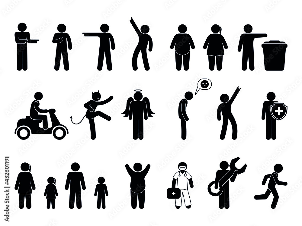 stick man various icons, people silhouettes set, human figure isolated ...