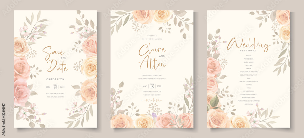 Set of hand drawn elegant floral wedding card template Stock Vector ...