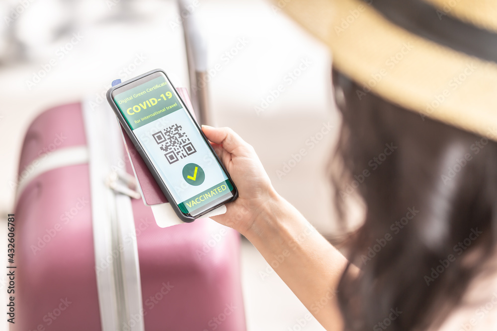 Digital green certificate for international travel displays green Covid ...