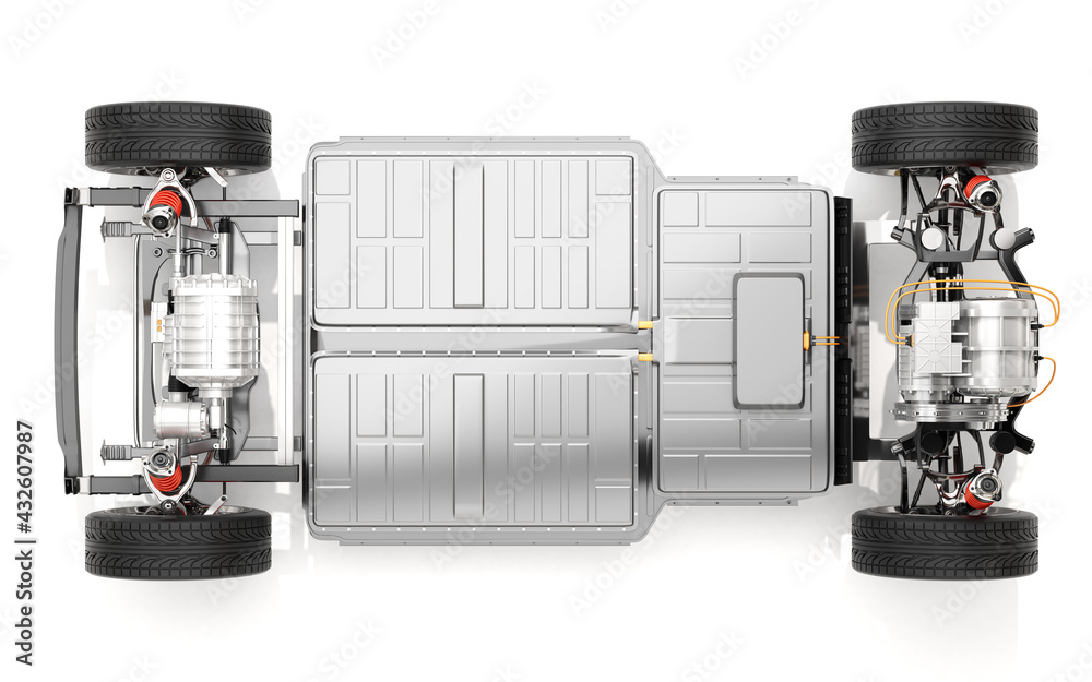 Top view of Electric Vehicle's chassis with dual motors and battery ...