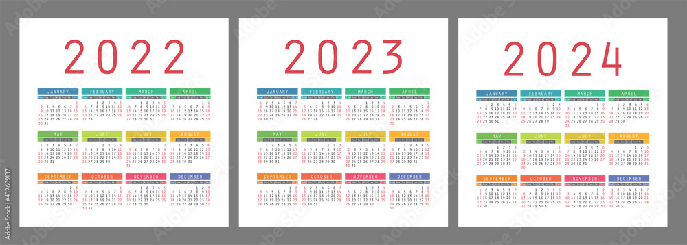 Calendar 2022, 2023 and 2024 years. English colorful vector set. Square ...