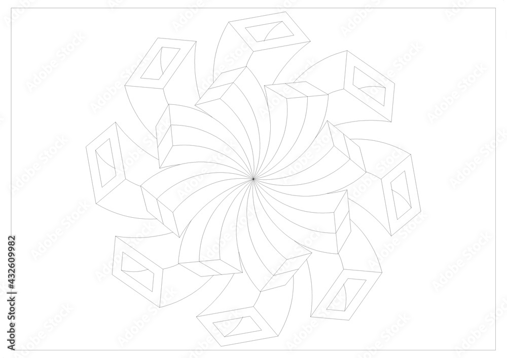 Coloring page of spiral 3d cubes and boxes pattern in line-art style ...