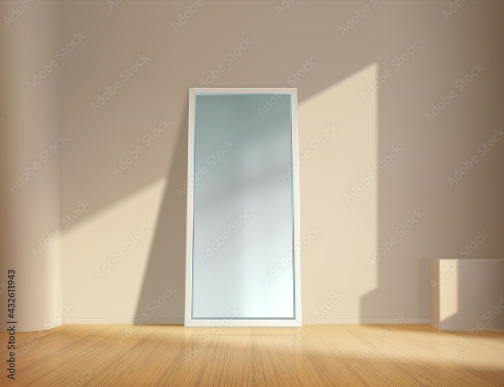 Realistic mirror. Empty room with square reflective glass frame leans ...