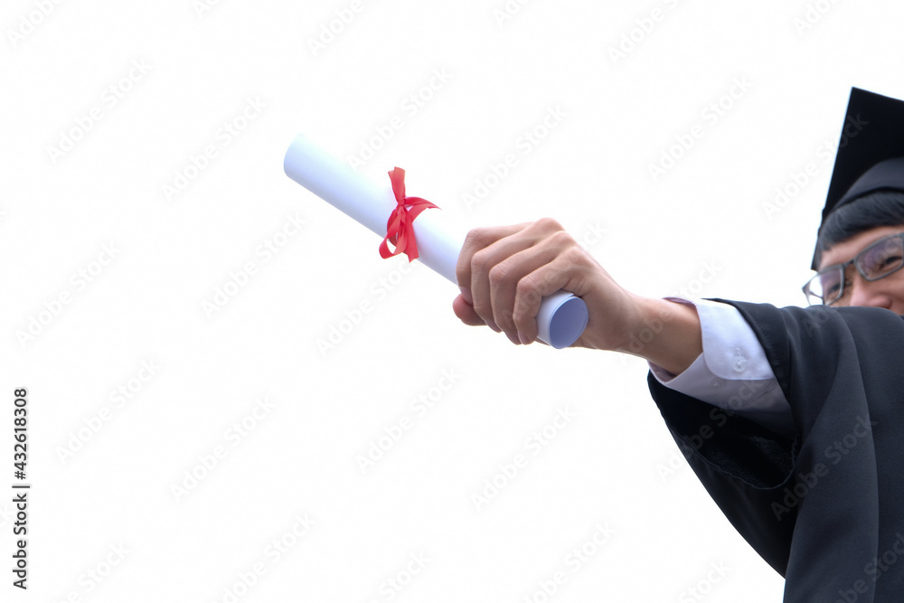 Student with congratulations, graduates wearing a graduation gown of ...