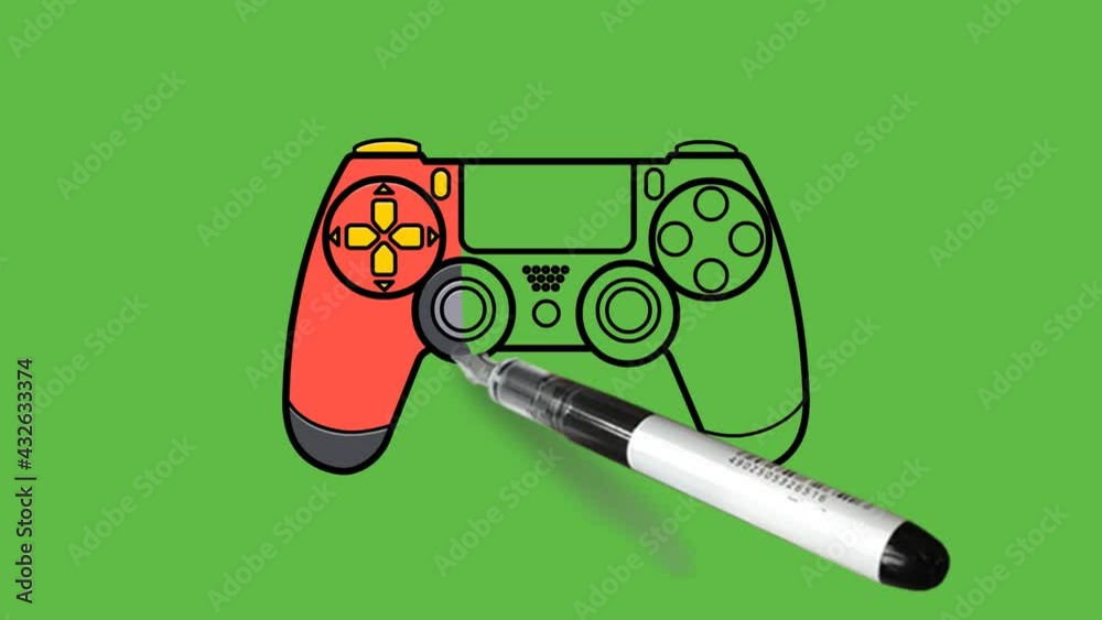 Drawing a video game remote in black, pink, yellow and grey colour ...