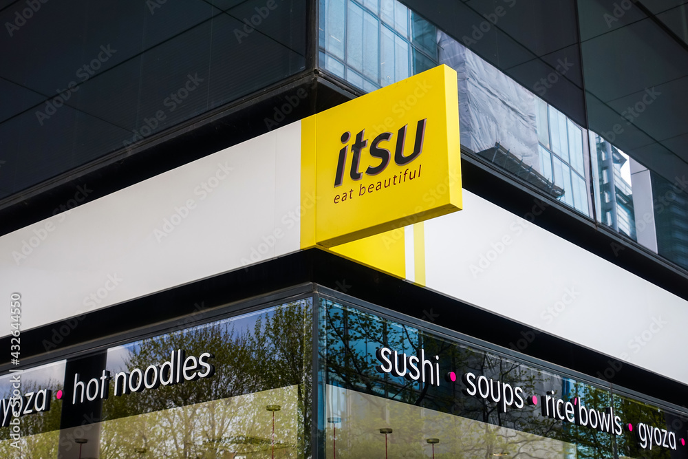 London UK, May 8th 2021: Itsu name logo. Japanese style take away ...