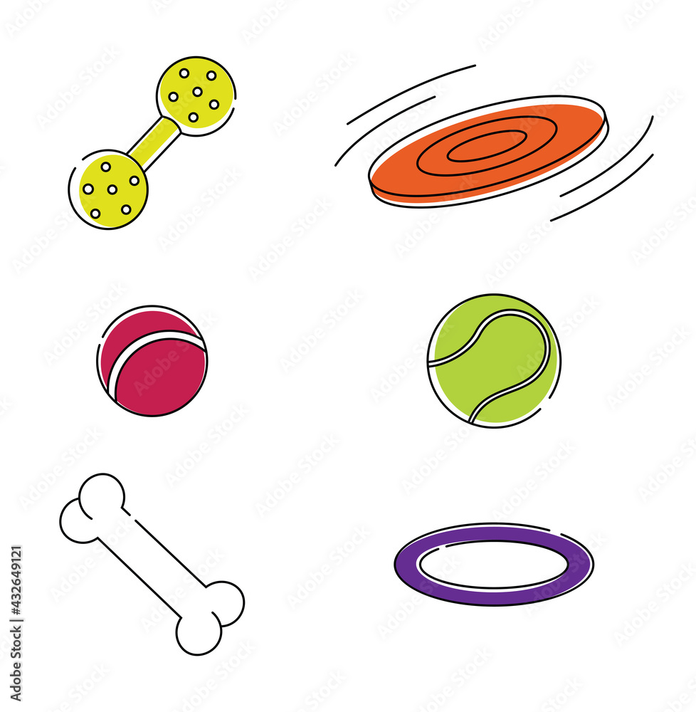 Set of bright line art illustrations toys for dogs and puppies Stock ...