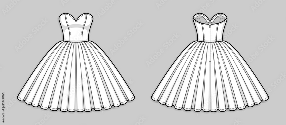 Knee-length corset bodice dress with strapless sweetheart neckline ...