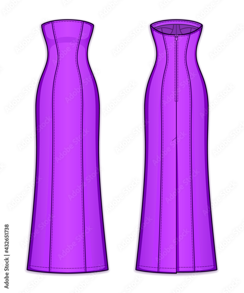 Maxi fitted bright purple column dress with panel lines, strapless ...