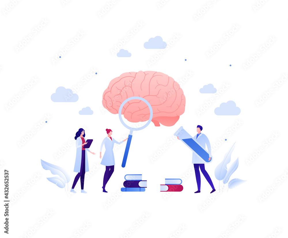 Brain research and mental disease study concept. Vector flat people ...
