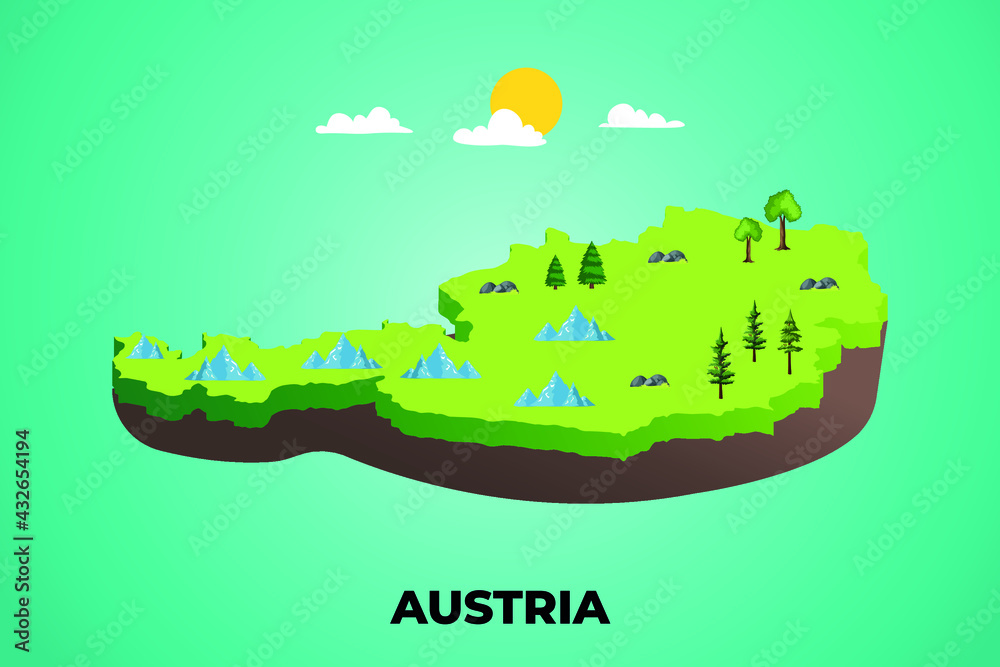 Austria 3d isometric map with topographic details mountains, trees and ...
