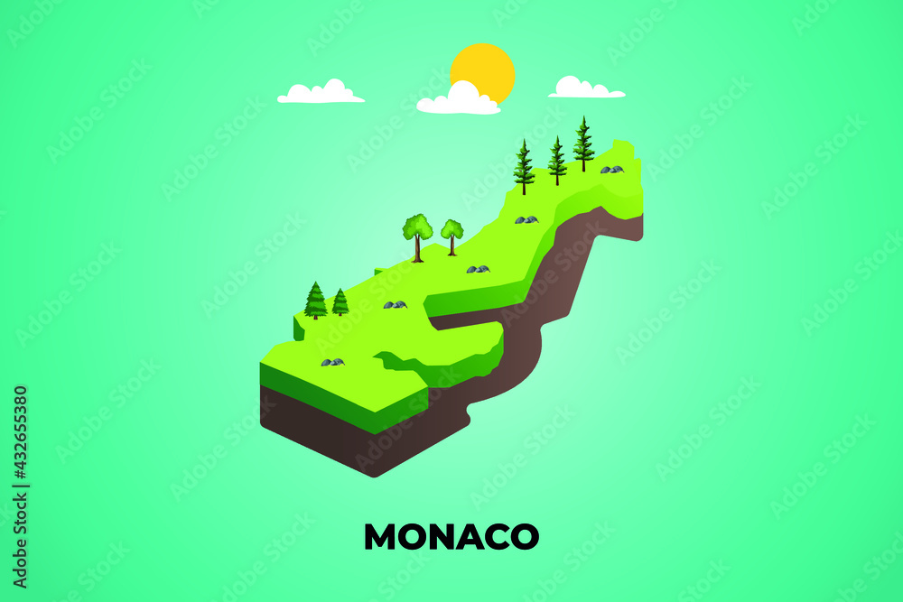 Monaco 3d isometric map with topographic details mountains, trees and ...