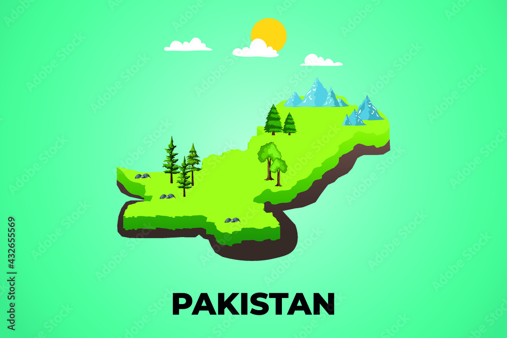 Pakistan 3d isometric map with topographic details mountains, trees and ...