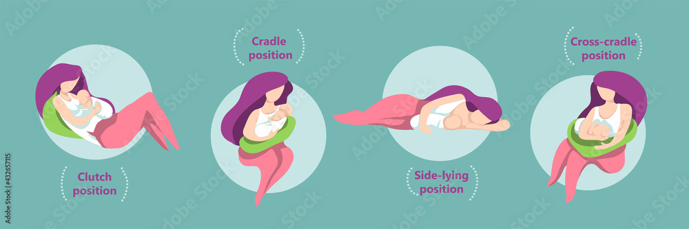 Set of different breastfeeding poses, including cradle, cross-cradle ...