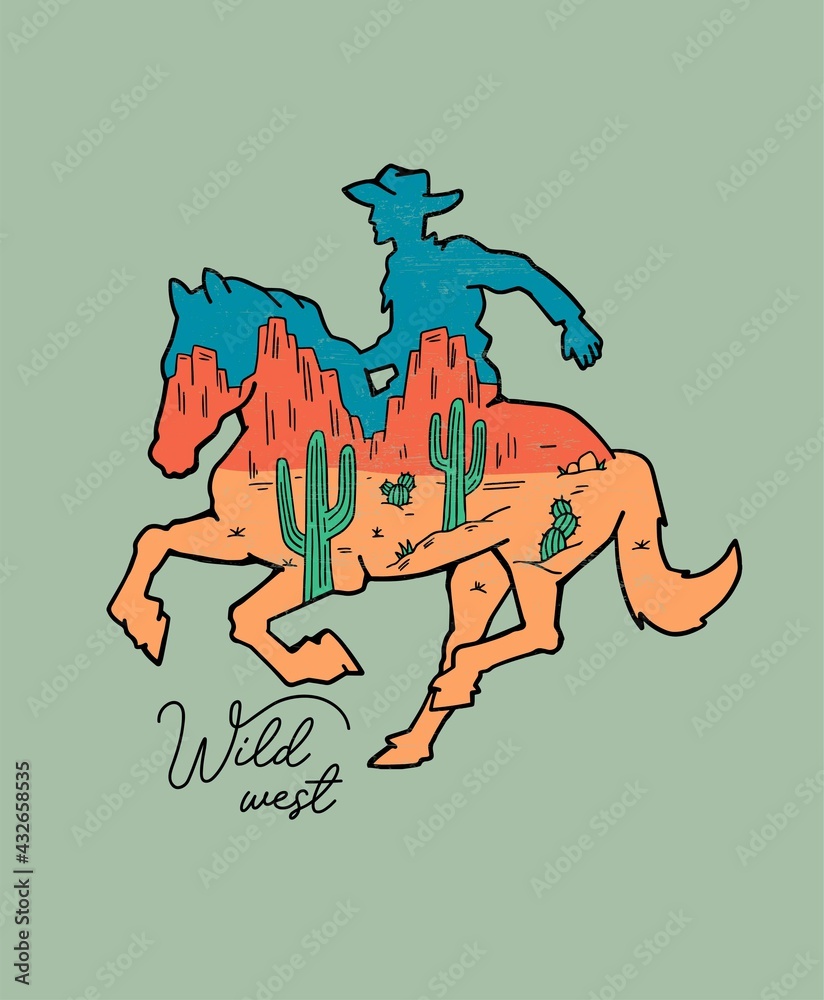 Western theme, a cowboy on horse. Vector illustration for t-shirt ...