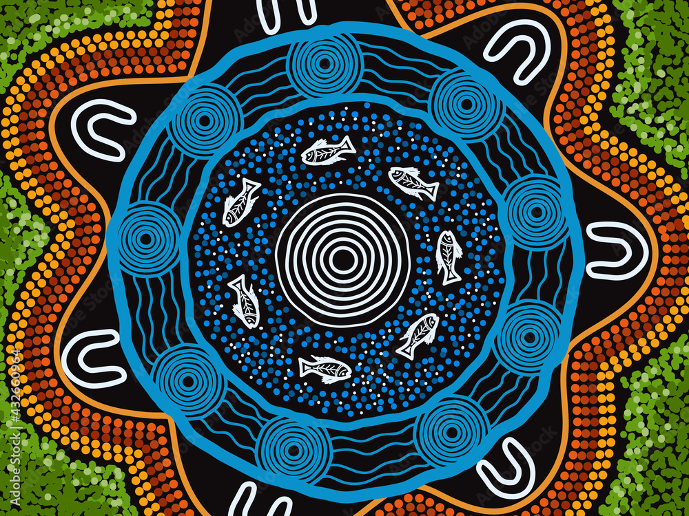 Fish in the river aboriginal dot art background Stock Vector | Adobe Stock