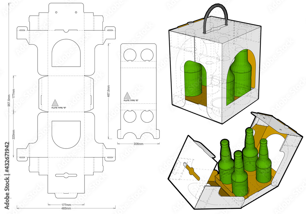 Packaging for four bottle of beer and Die-cut Pattern. Ease of assembly ...