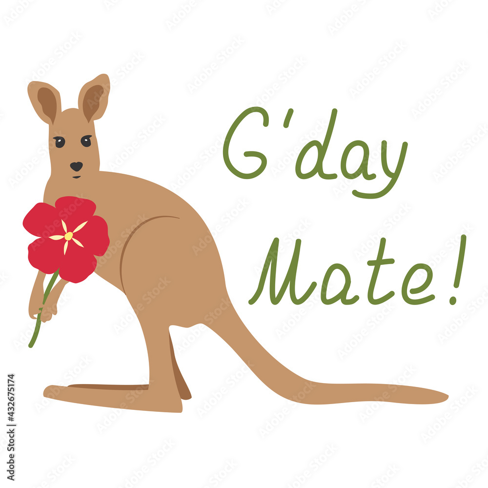 Cute cartoon kangaroo with flower and text. Wild animals, nature. Hand ...