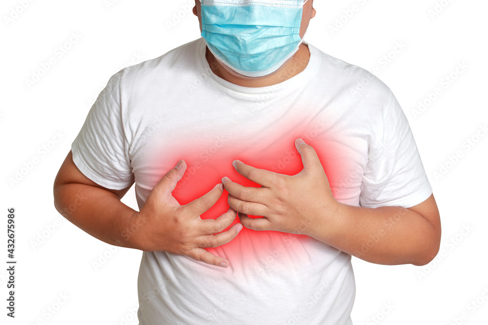Fat man wearing a mask Put your hand on your chest with trouble ...
