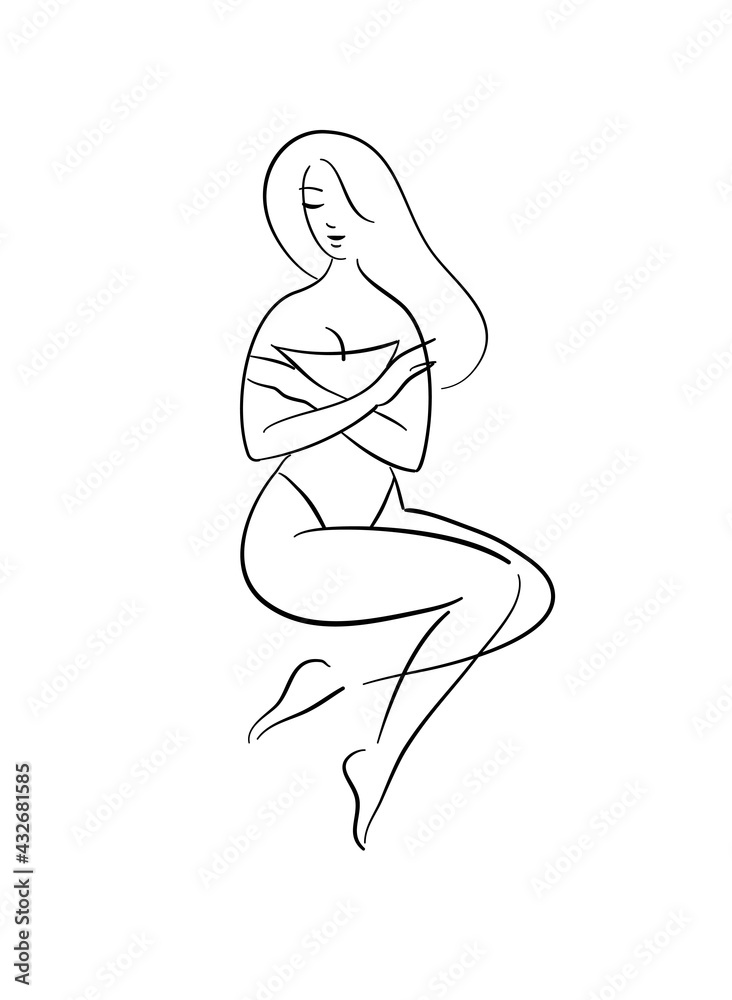 Line Art Fashion Sketch Of Sitting Woman In Swimsuit Elegant Model