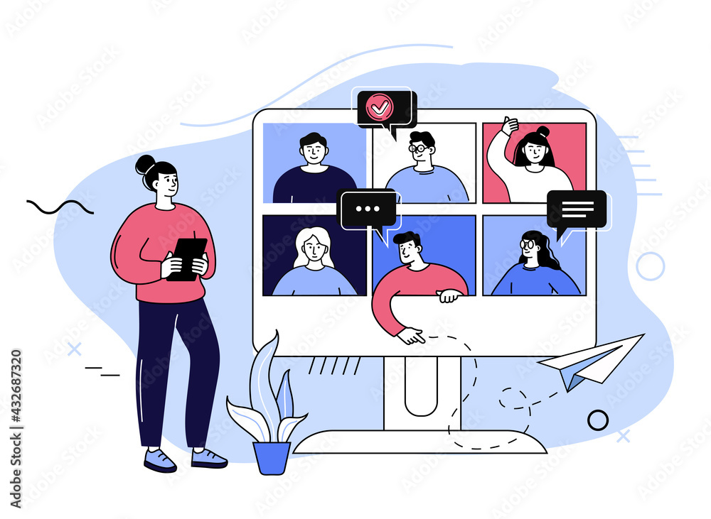 Conference video call. Group video call and virtual meeting concept ...