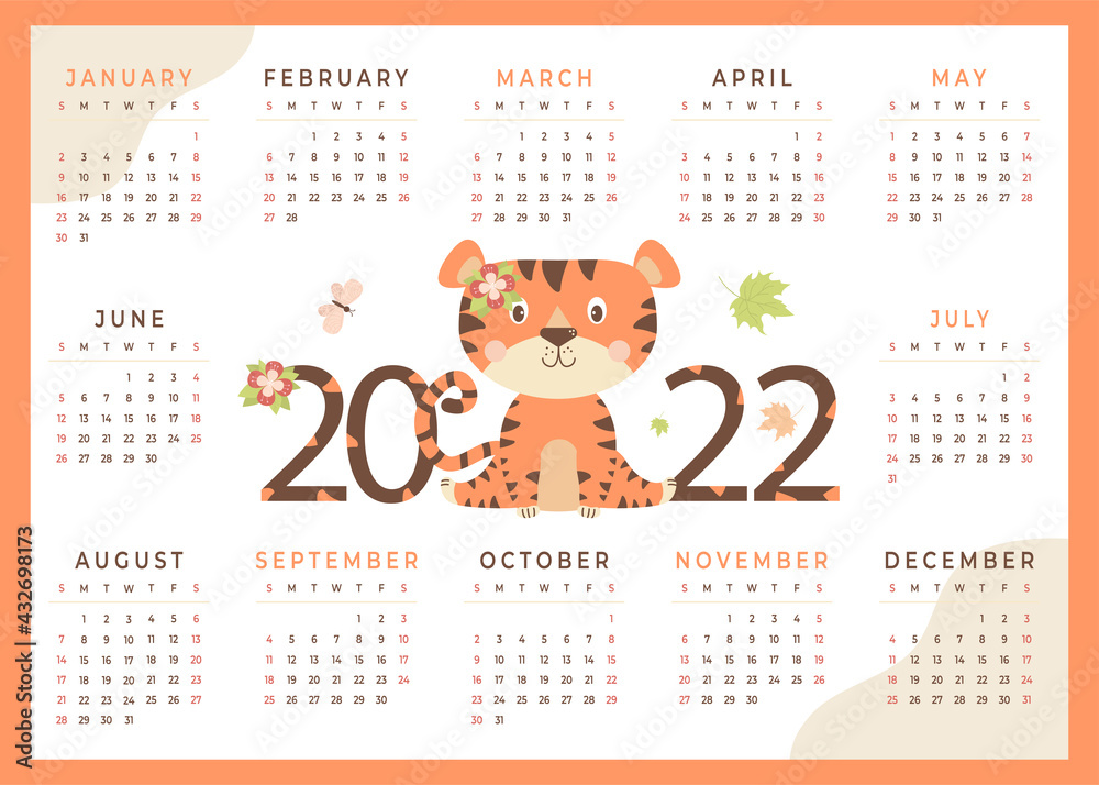 Tiger calendar for 2022. Tiger symbol of the new year 2022. Childrens ...