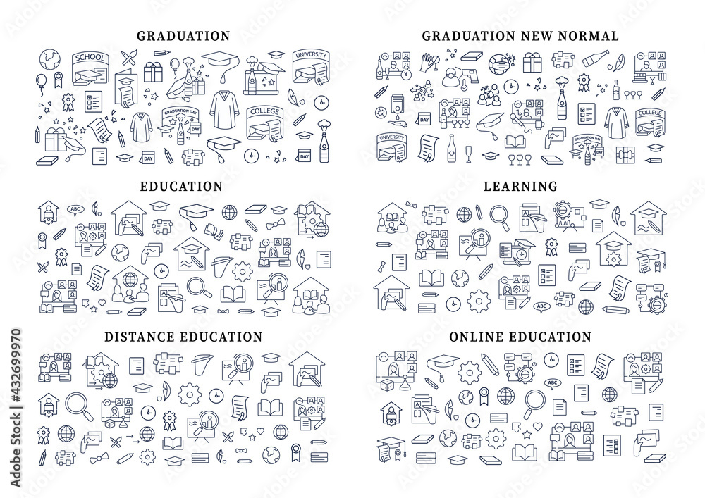 Graduation banner icons. New normal, education, learning, distance ...