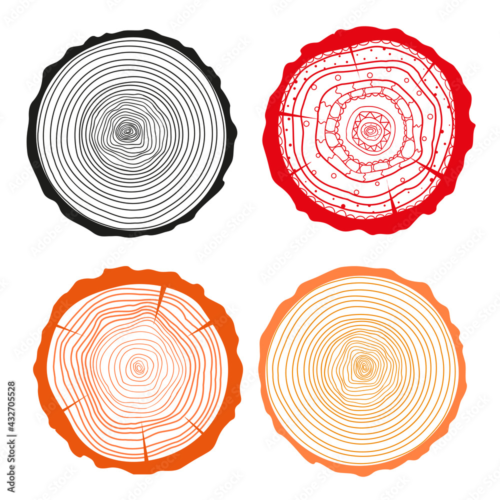 Tree rings. Set of cross section of the tree. Set of tree rings on ...