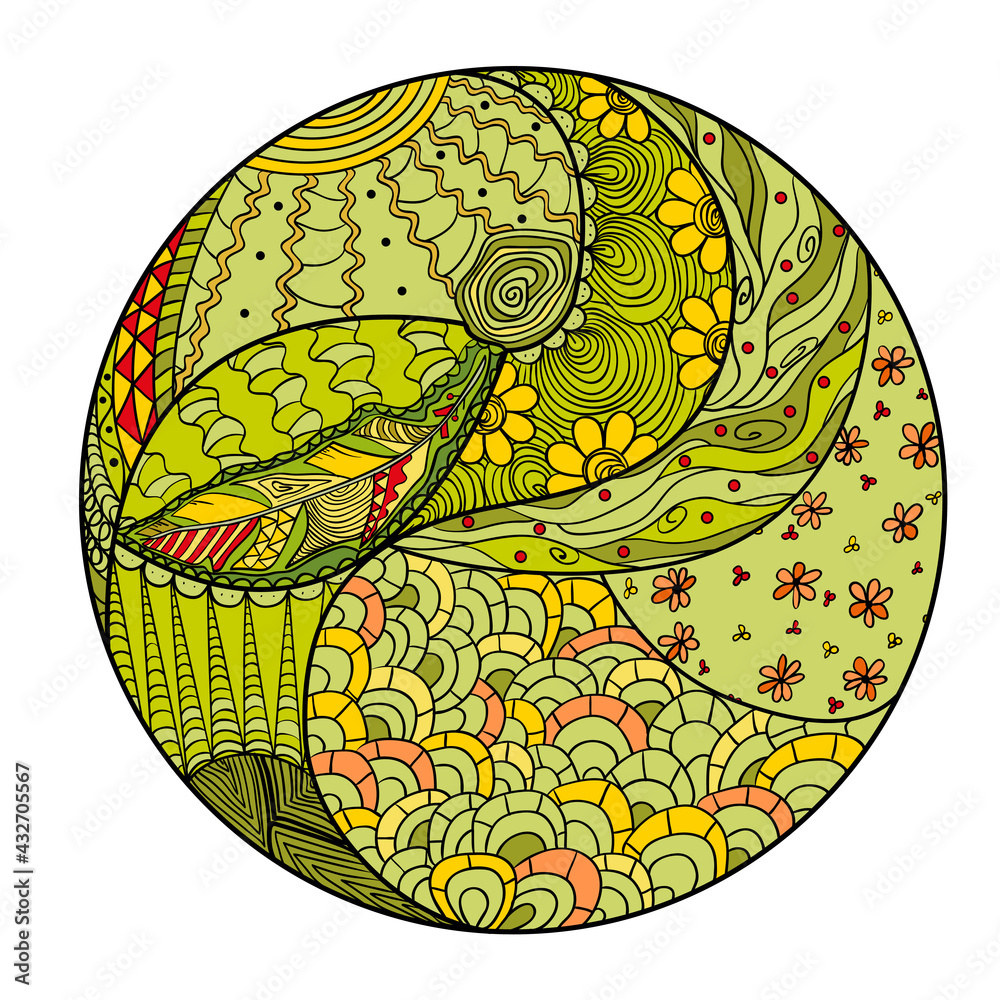 Zendala. Zentangle. Hand drawn circle mandala with abstract patterns on ...