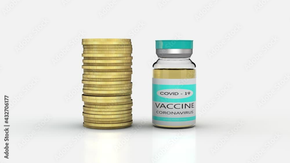 3d animation of the covid - 19 coronavirus vaccine and gold coins. The ...