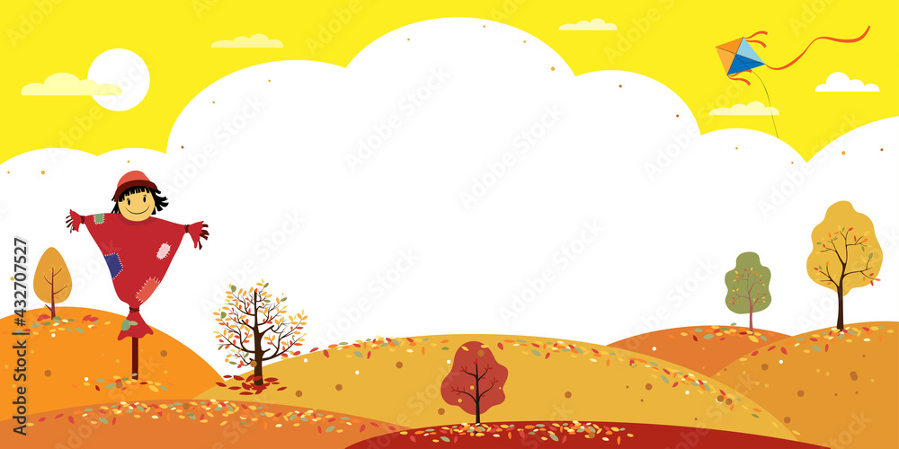 Autumn landscape forest trees and cute cartoon smiling scarecrow ...