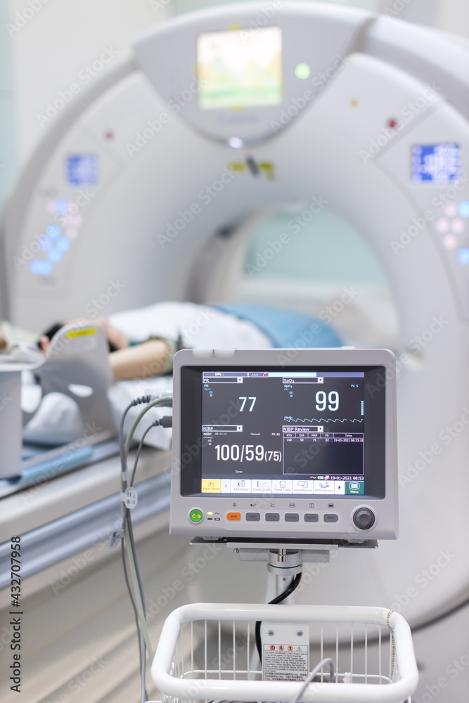 Electrocardiogram in hospital CT Scan room. heart rate monitor in ...