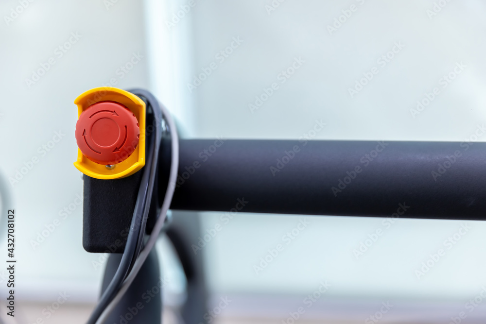 The red emergency button or stop button for Hand press. STOP Button for ...
