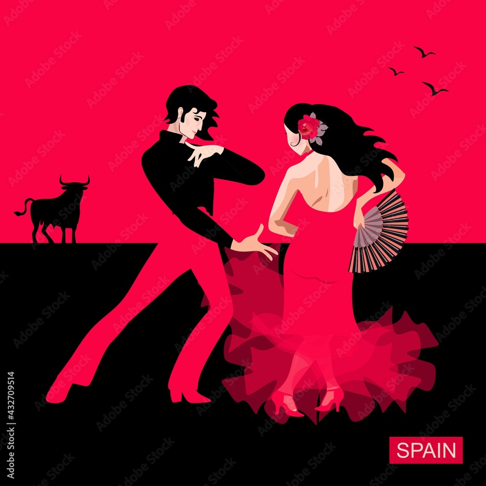 Handsome young Spaniard in traditional costume and girl flamenco dancer ...
